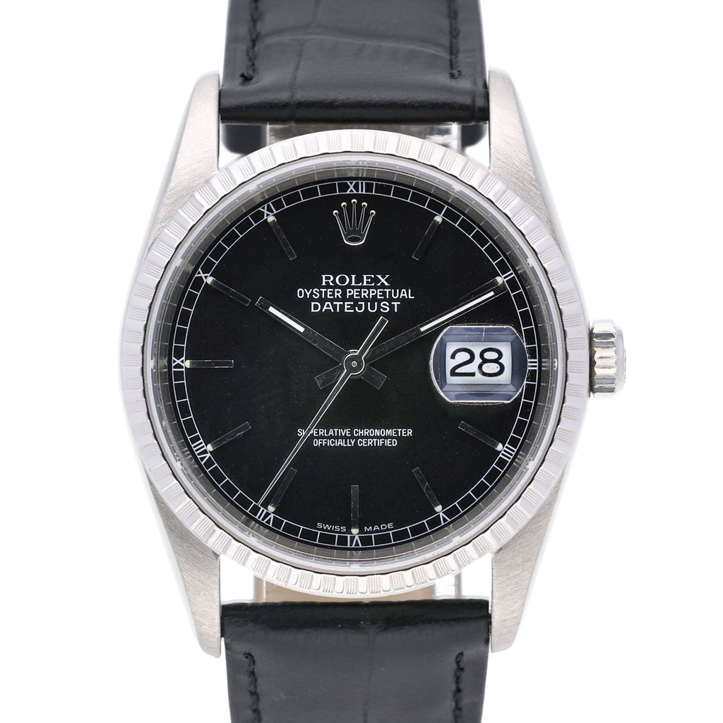 Rolex Datejust 16220 - Black Baton Dial & Leather Strap