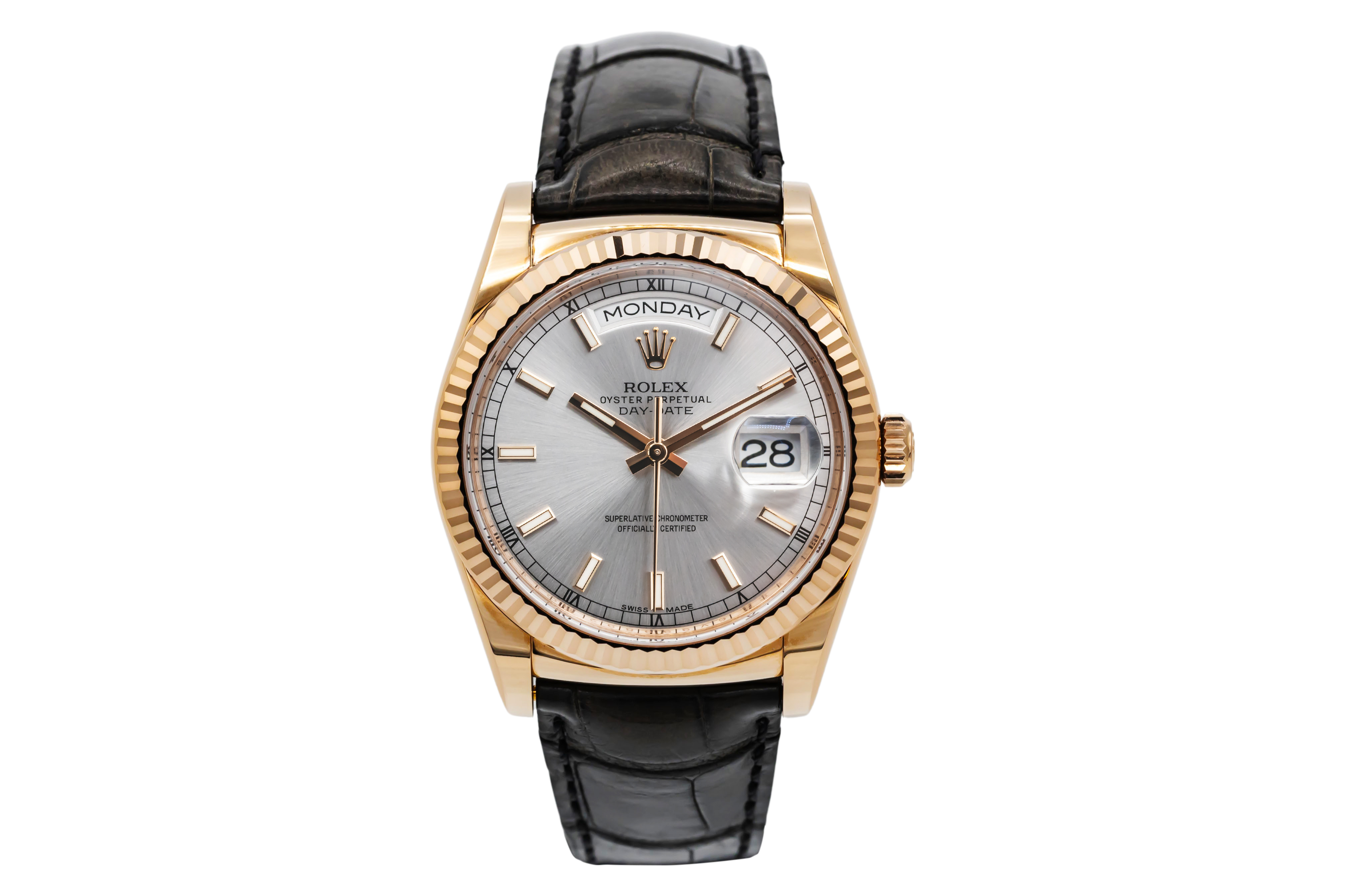 Rolex Day Date 118135 Rhodium Baton Dial Leather Strap